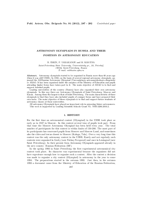 (PDF) Astronomy Olympiads in Russia and Their Position in Astronomy Education