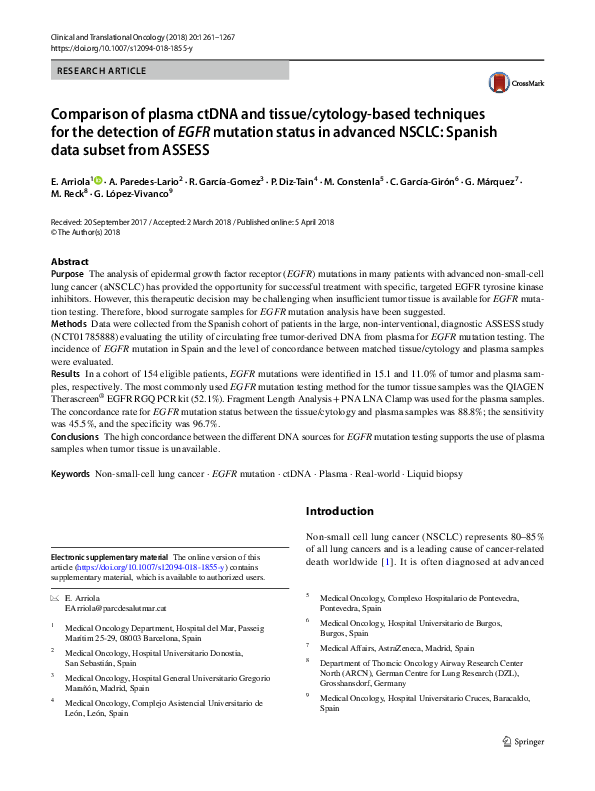 Pdf Comparison Of Plasma Ctdna And Tissue Cytology Based Techniques