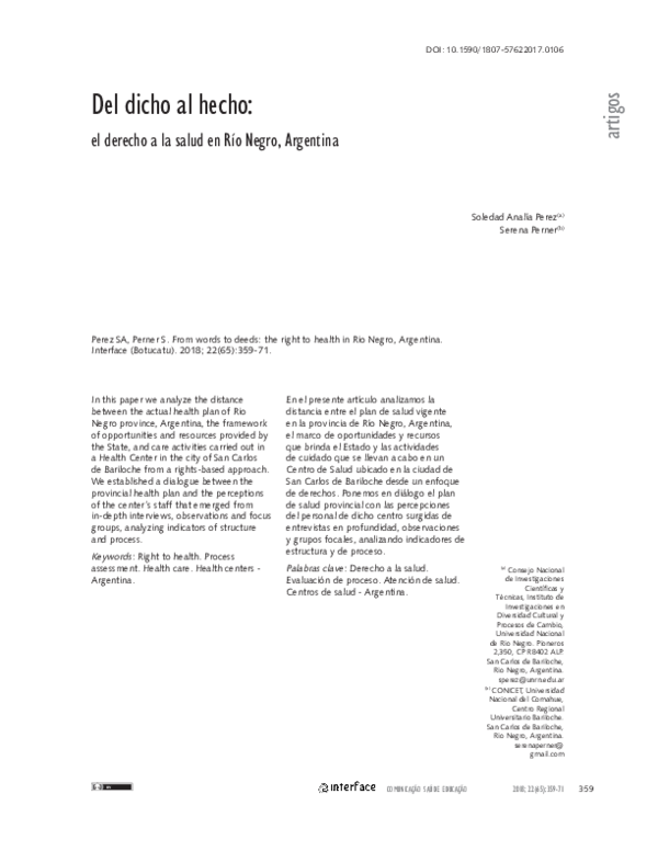 (PDF) Del dicho al hecho: el derecho a la salud en Río Negro, Argentina