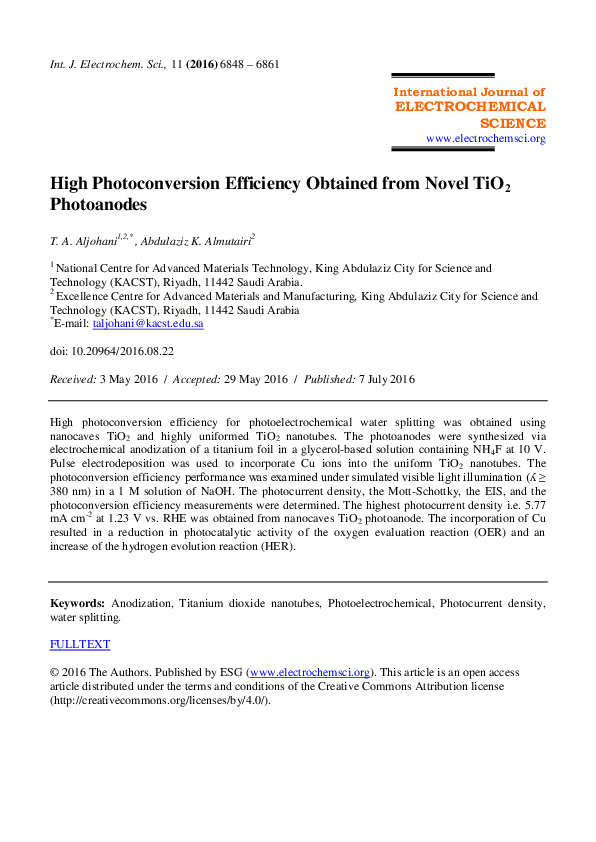 (PDF) High Photoconversion Efficiency Obtained from Novel TiO2 Photoanodes
