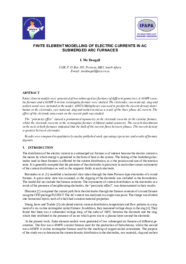 (PDF) Finite element modelling of electric currents in AC submerged arc furnaces | Isobel MC ...
