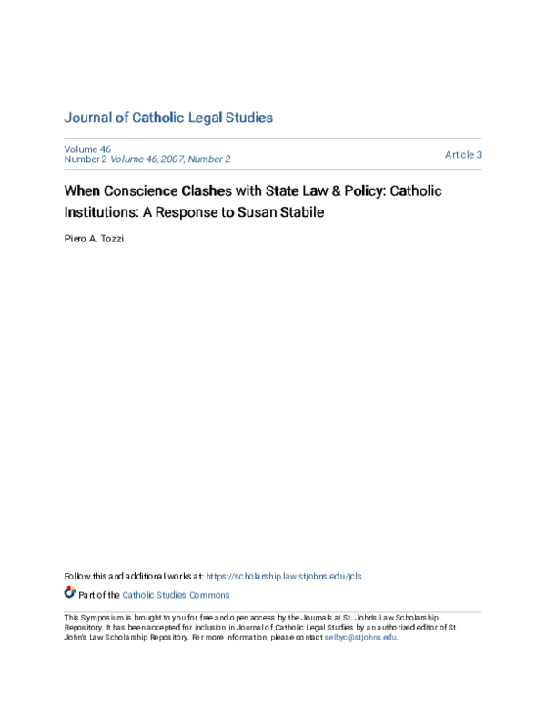 (PDF) When Conscience Clashes with State Law & Policy: Catholic ...
