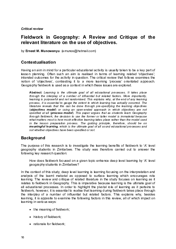(PDF) Fieldwork in Geography: A Review and Critique of the relevant literature on the use of ...