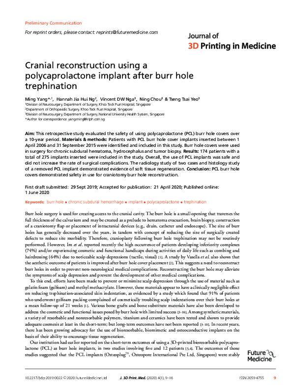 (PDF) Cranial reconstruction using a polycaprolactone implant after burr hole trephination