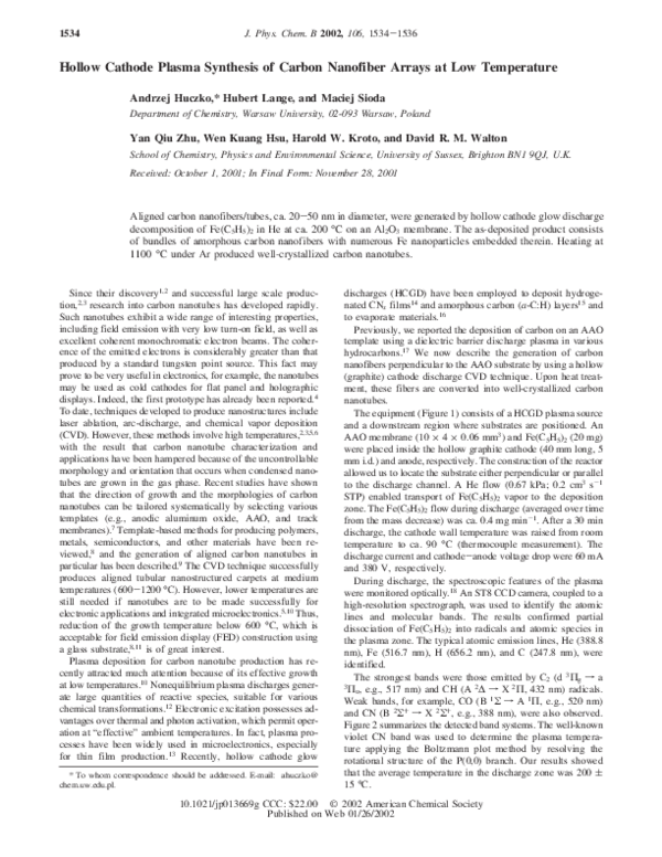 (PDF) Hollow Cathode Plasma Synthesis of Carbon Nanofiber Arrays at Low Temperature | Yanqiu Zhu ...