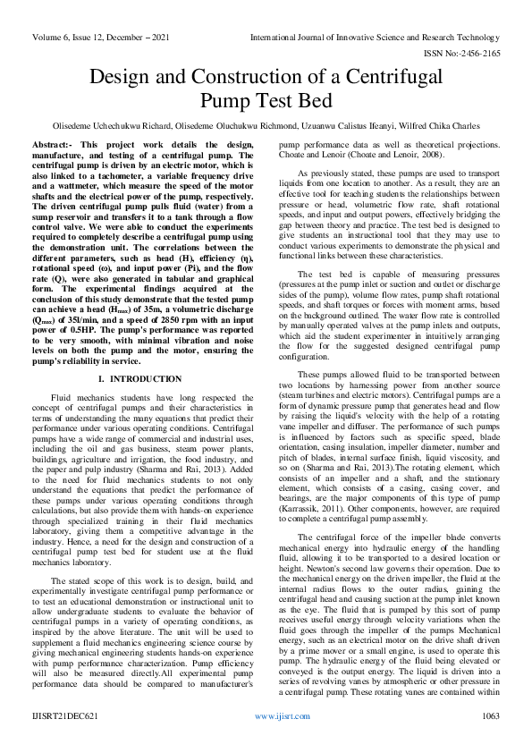 (PDF) Design and Construction of a Centrifugal Pump Test Bed