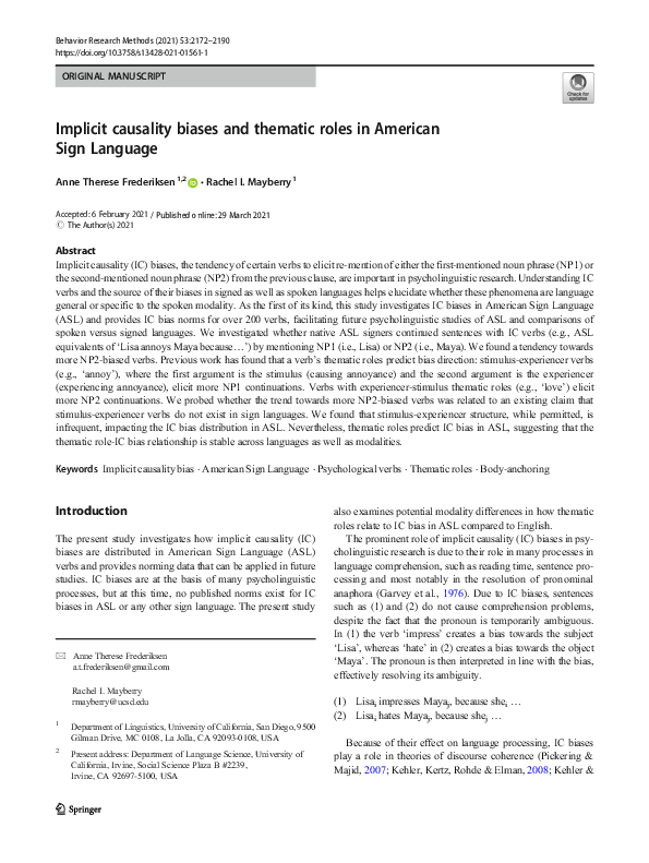 Pdf Implicit Causality Biases And Thematic Roles In American Sign