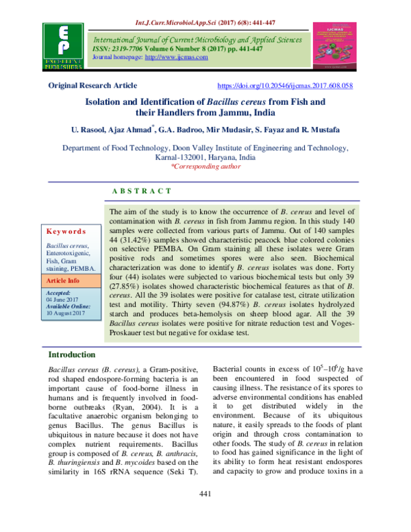 (PDF) Isolation and Identification of Bacillus cereus from Fish and ...