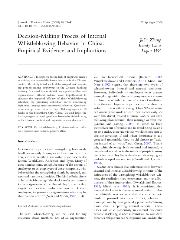 (PDF) Decision-Making Process of Internal Whistleblowing Behavior in China: Empirical Evidence ...