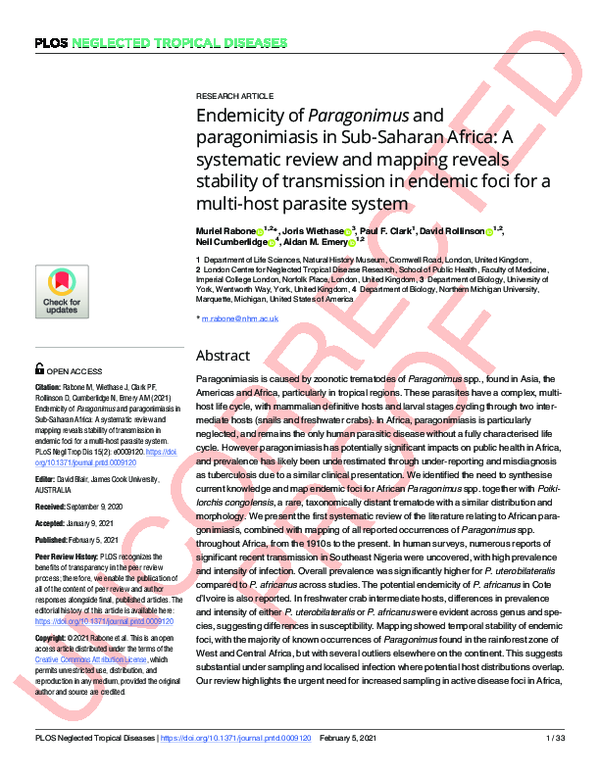 (PDF) Endemicity of Paragonimus and paragonimiasis in Sub-Saharan ...