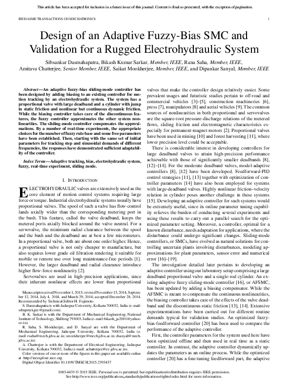 (PDF) Design of an Adaptive Fuzzy-Bias SMC and Validation for a Rugged Electrohydraulic System