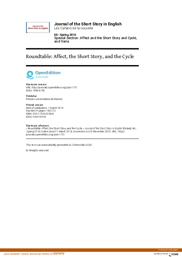 (PDF) Roundtable: Affect, the Short Story, and the Cycle