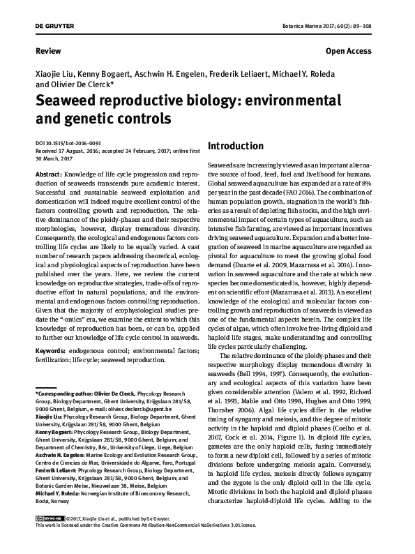 (PDF) Seaweed reproductive biology: environmental and genetic controls
