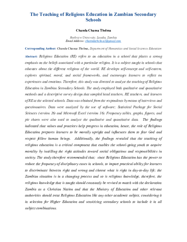 (DOC) The Teaching of Religious Education in Zambian Secondary Schools