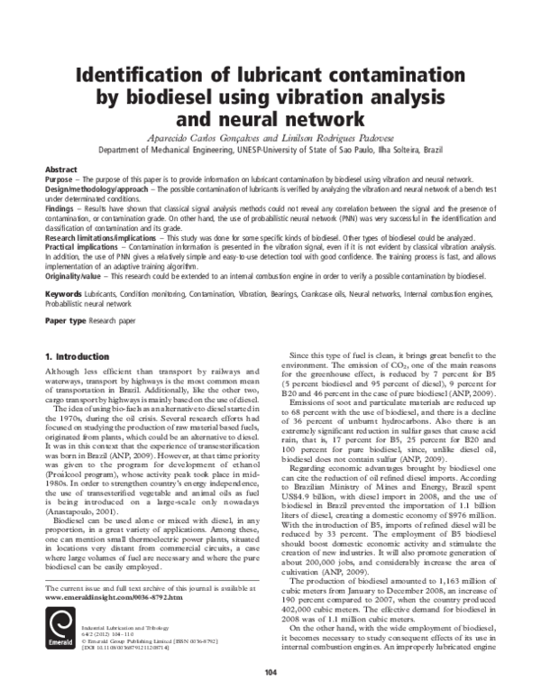 (PDF) Identification of lubricant contamination by biodiesel using vibration analysis and neural ...