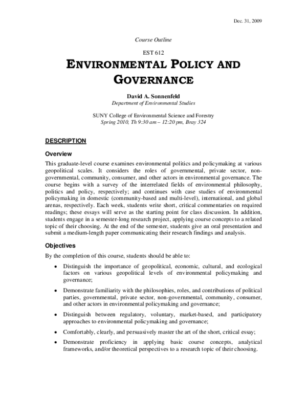 (PDF) Environmental Policy and Governance