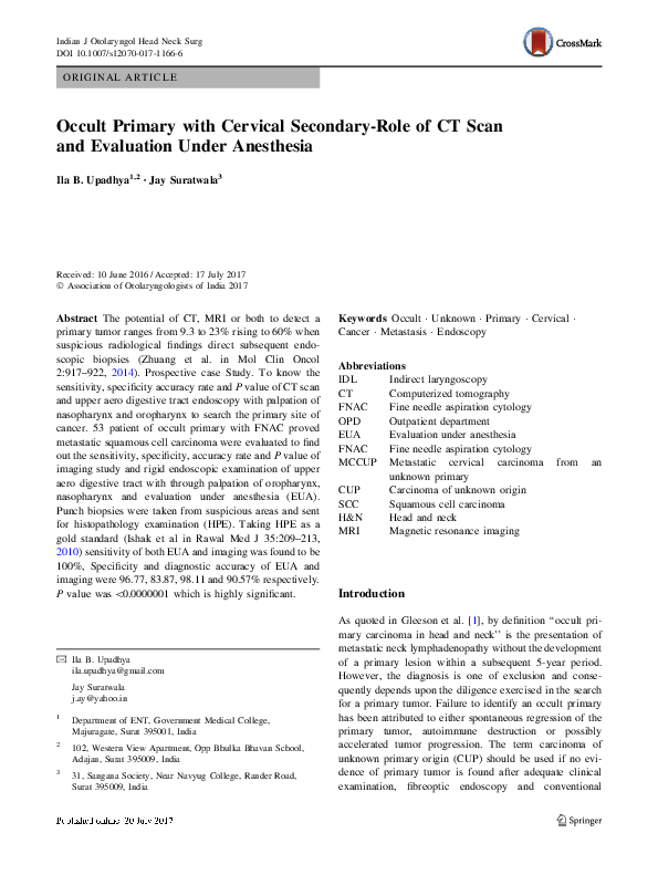 (PDF) Occult Primary with Cervical Secondary-Role of CT Scan and ...