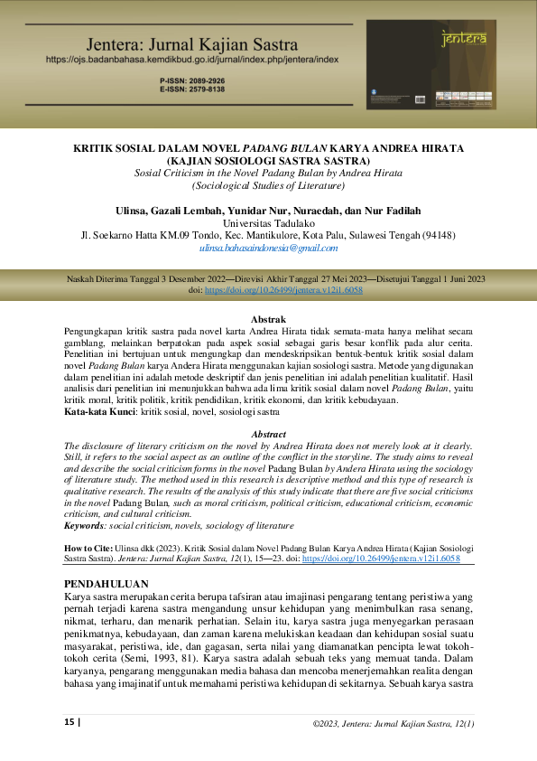 (PDF) Kritik Sosial dalam Novel Padang Bulan Karya Andrea Hirata (Kajian Sosiologi Sastra Sastra)