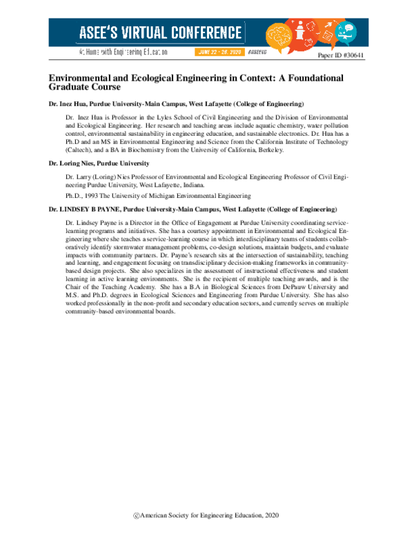 (PDF) Environmental and Ecological Engineering in Context: A Foundational Graduate Course