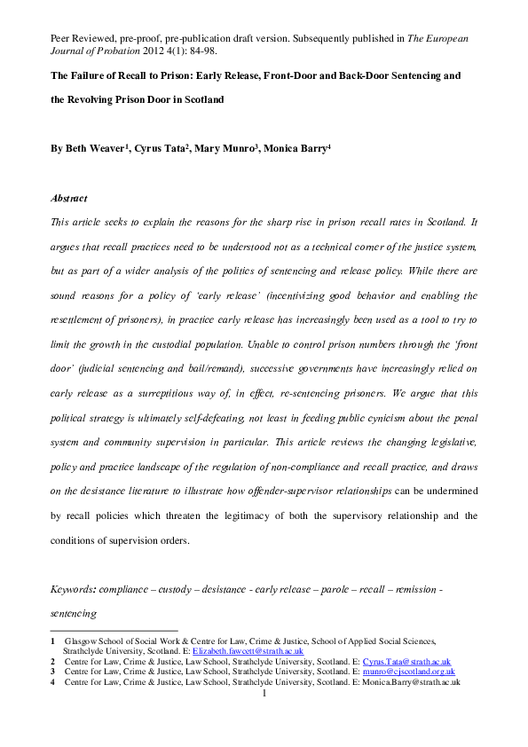 (PDF) The Failure of Recall to Prison: Early Release, Front-Door and ...