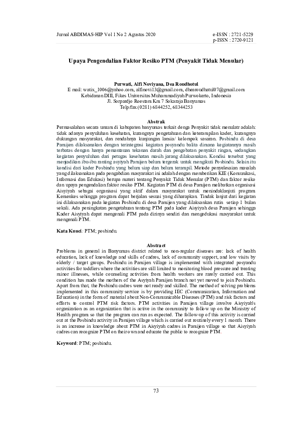 Pdf Upaya Pengendalian Faktor Resiko Ptm Penyakit Tidak Menular