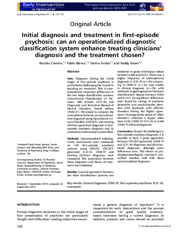 (PDF) Initial diagnosis and treatment in first-episode psychosis: can ...