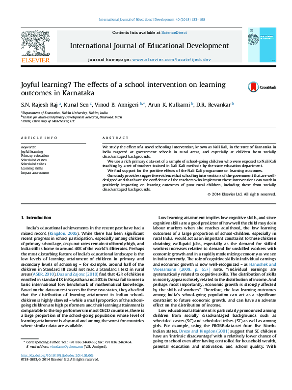 (PDF) Joyful learning? The effects of a school intervention on learning outcomes in Karnataka