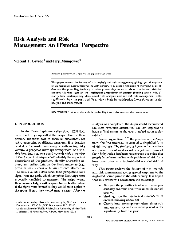 (PDF) Risk analysis and risk management a historical perspective