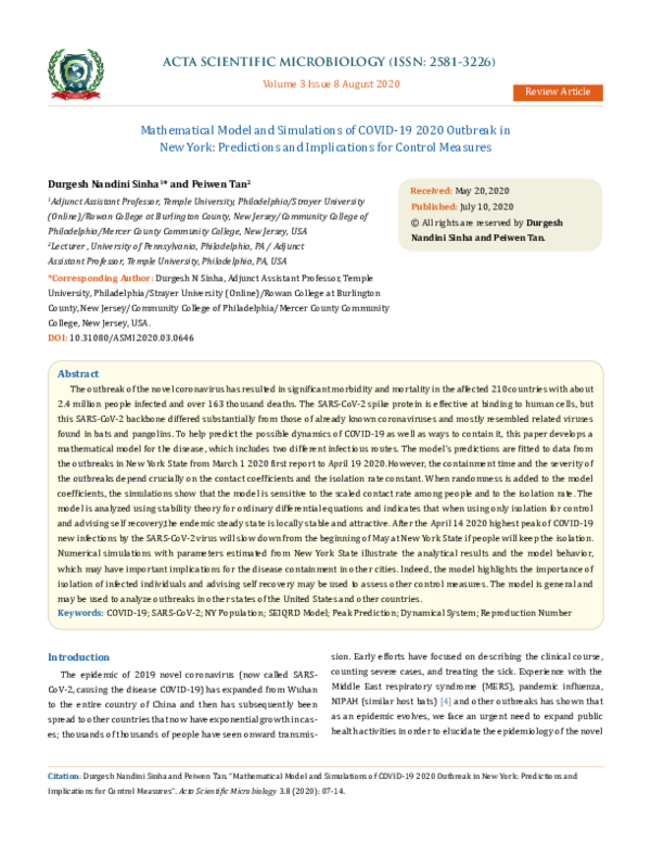 (PDF) Mathematical Model and Simulations of COVID-19 2020 Outbreak in ...