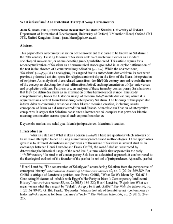 (PDF) What is Salafism? An Intellectual History of Salafī Hermeneutics