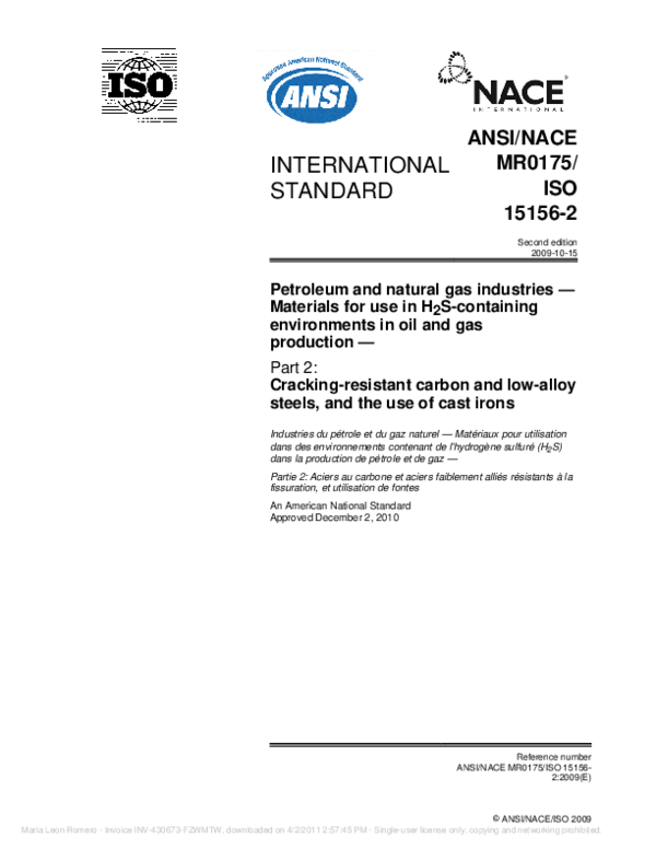 (PDF) ANSI NACE MR0175 ISO 15156 2 Cracking resistant carbon and low ...
