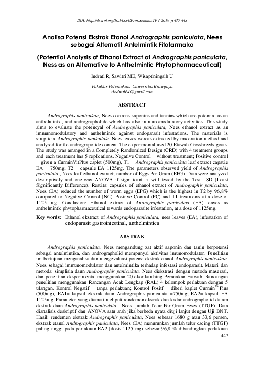 (PDF) Analisa Potensi Ekstrak Etanol Andrographis paniculata, Nees ...
