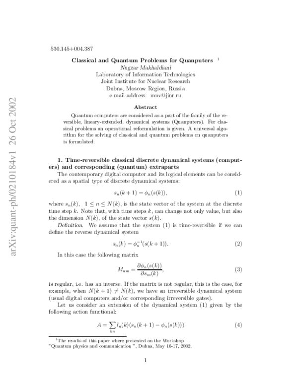 (PDF) Classical and Quantum Problems for Quanputers 1
