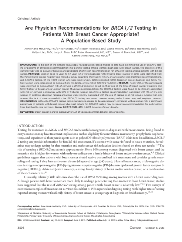 (PDF) Are physician recommendations for BRCA1/2 testing in patients ...
