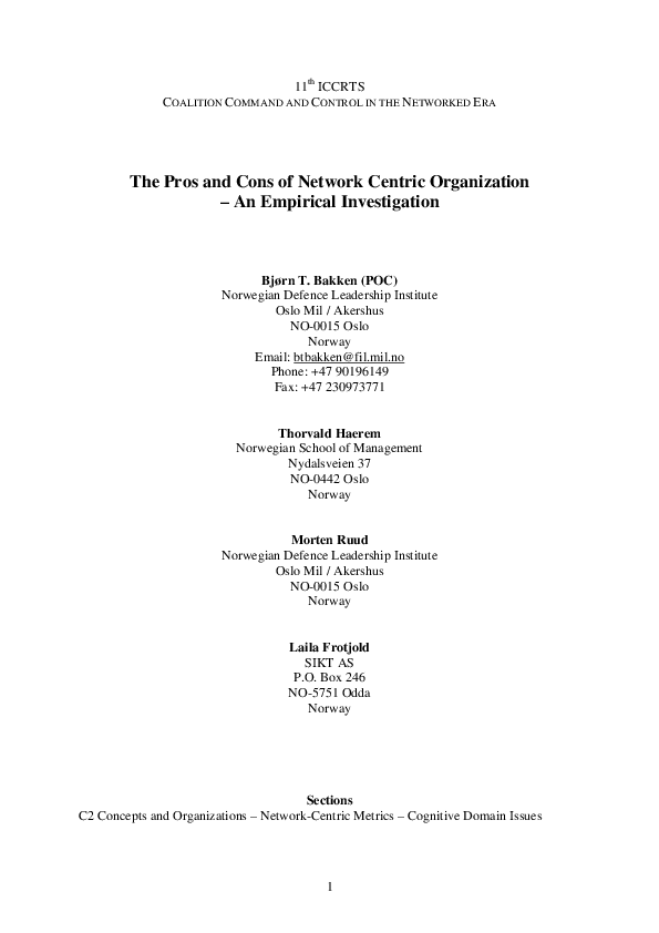 (PDF) The Pros and Cons of Network Centric Organization – An Empirical Investigation