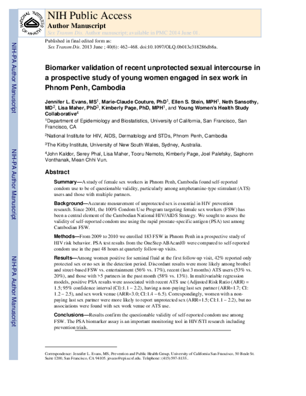 Pdf Biomarker Validation Of Recent Unprotected Sexual Intercourse In