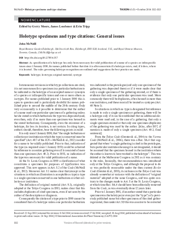 Pdf Holotype Specimens And Type Citations General Issues