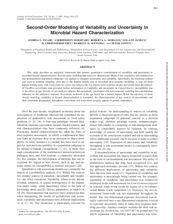 (PDF) Second-Order Modeling of Variability and Uncertainty in Microbial Hazard Characterization