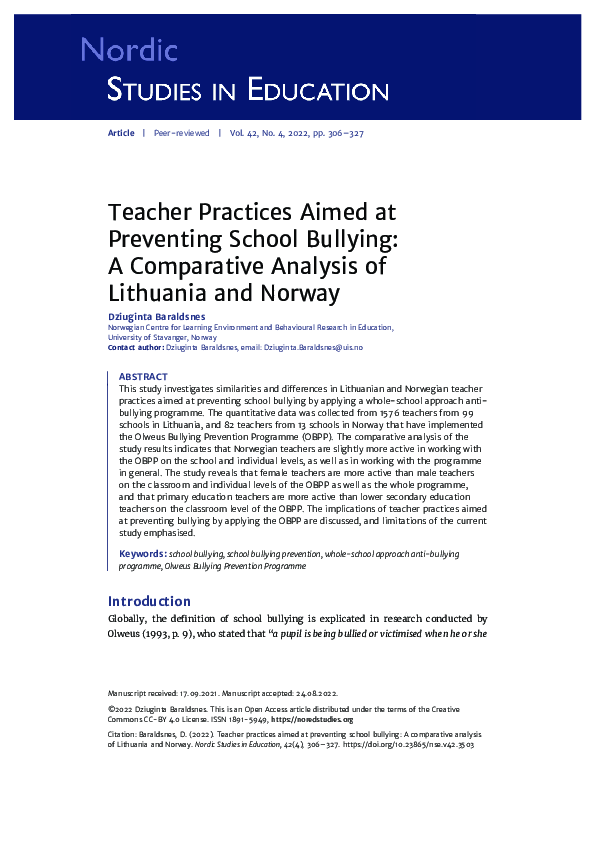 (PDF) Teacher Practices Aimed at Preventing School Bullying: A Comparative Analysis of Lithuania ...