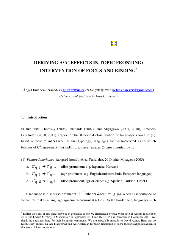 (PDF) DERIVING A/A'-EFFECTS IN TOPIC FRONTING: INTERVENTION OF FOCUS ...