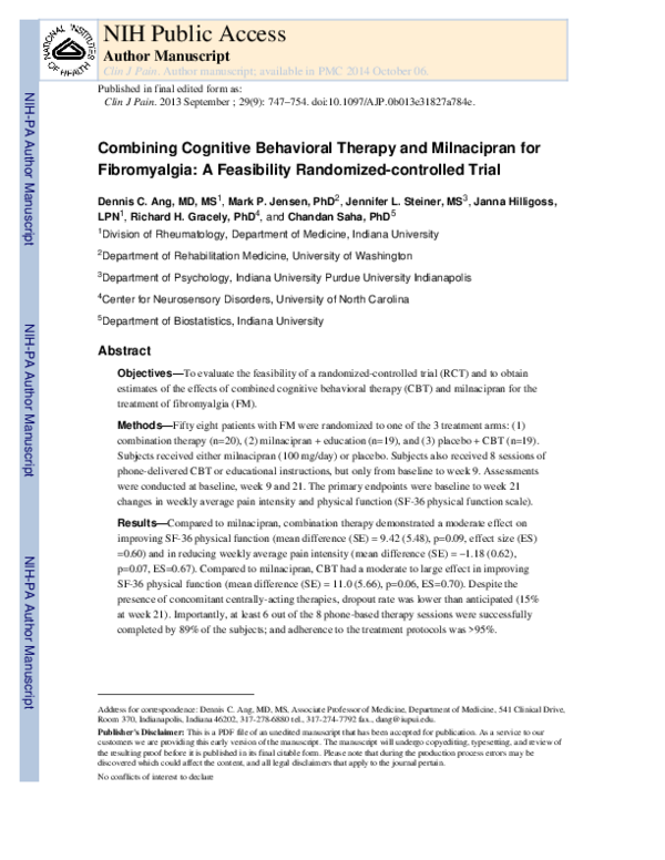 (PDF) Combining Cognitive-Behavioral Therapy and Milnacipran for Fibromyalgia: A Feasibility ...