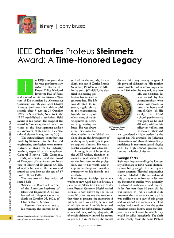 (PDF) IEEE Charles Proteus Steinmetz Award: A Time-Honored Legacy [History]