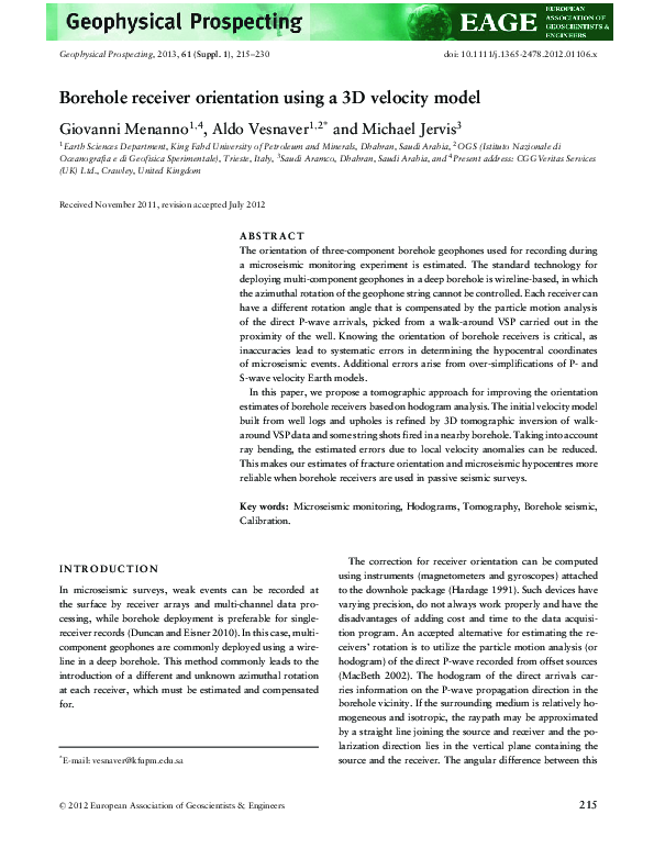 (PDF) Borehole receiver orientation using a 3D velocity model | Aldo Vesnaver - Academia.edu
