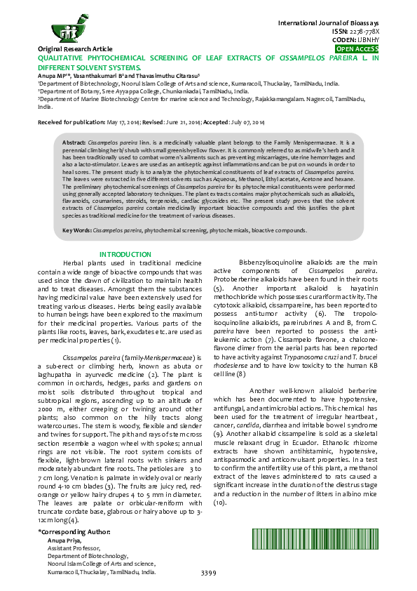 (PDF) Qualitative phytochemical screening of leaf extracts of Cissampelos pareira l. In ...
