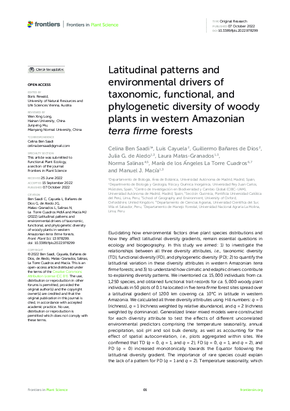 (PDF) Latitudinal patterns and environmental drivers of taxonomic, functional, and phylogenetic ...