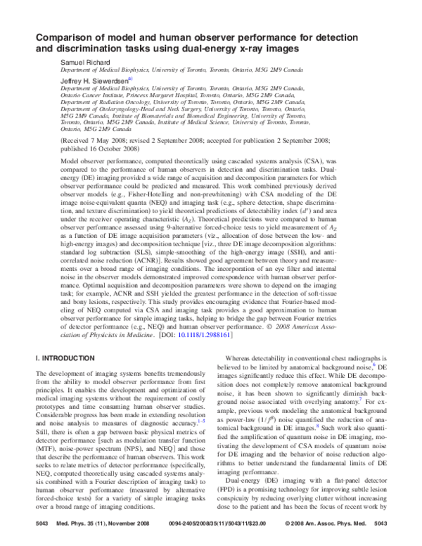 Pdf Comparison Of Model And Human Observer Performance For Detection And Discrimination Tasks