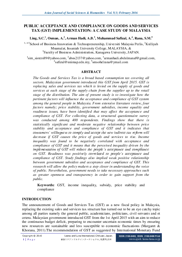 (PDF) Public Acceptance and Compliance on Goods and Services Tax (GST) Implementation : A Case ...