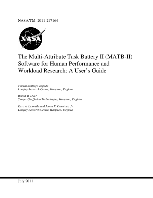 (PDF) The Multi-Attribute Task Battery II (MATB-II) Software for Human Performance and Workload ...