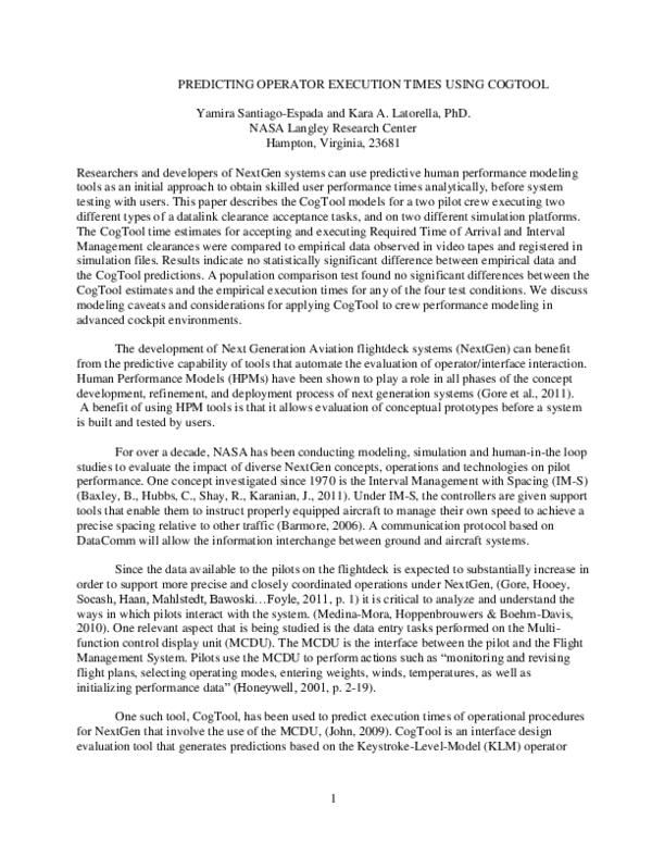 (PDF) Predicting Operator Execution Times Using CogTool