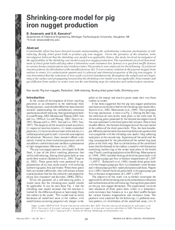 (PDF) Shrinking-core model for pig iron nugget production